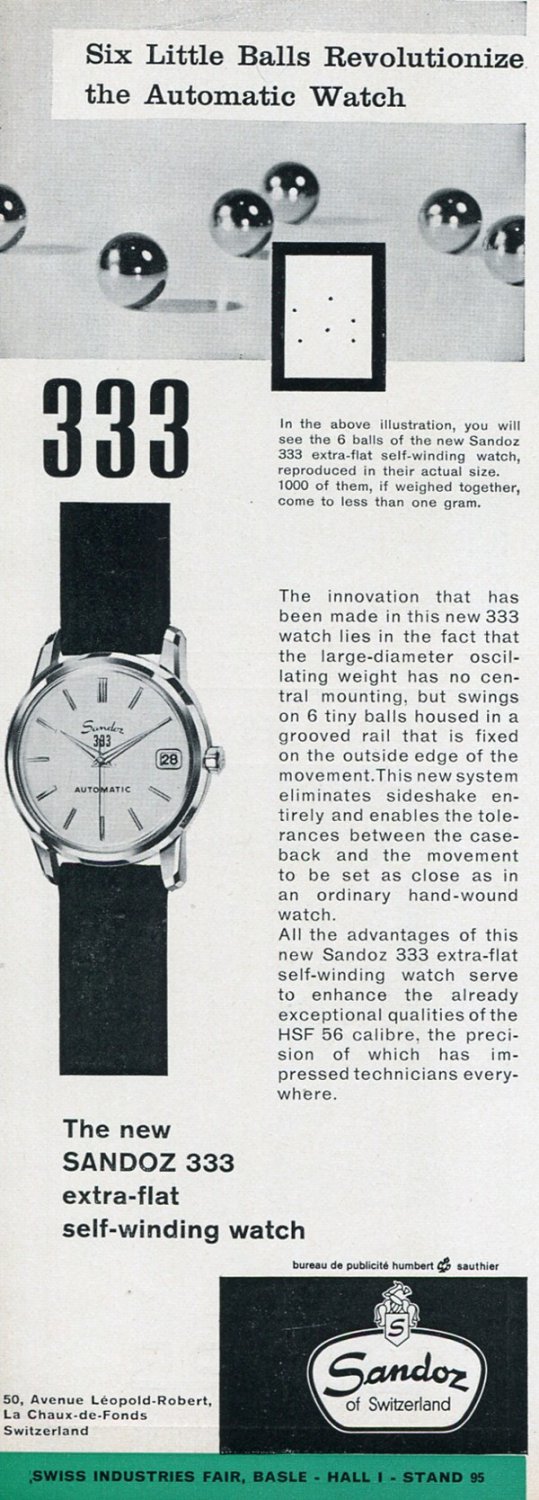 Sandoz Watch Co La Chaux-de-Fonds Switzerland Original 1960 Swiss Print ...