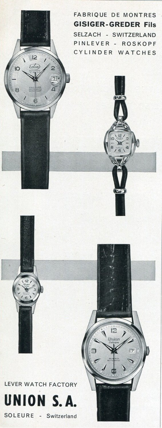 Union S.A. Watch Co Gisiger-Greder Fils Switzerland 1960 Swiss Print Ad ...