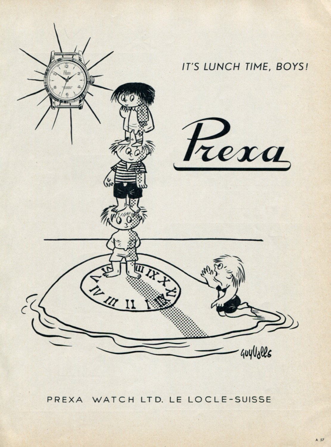 Vintage 1953 Prexa Watch Co It's Lunch Time Boys Swiss Print Ad ...