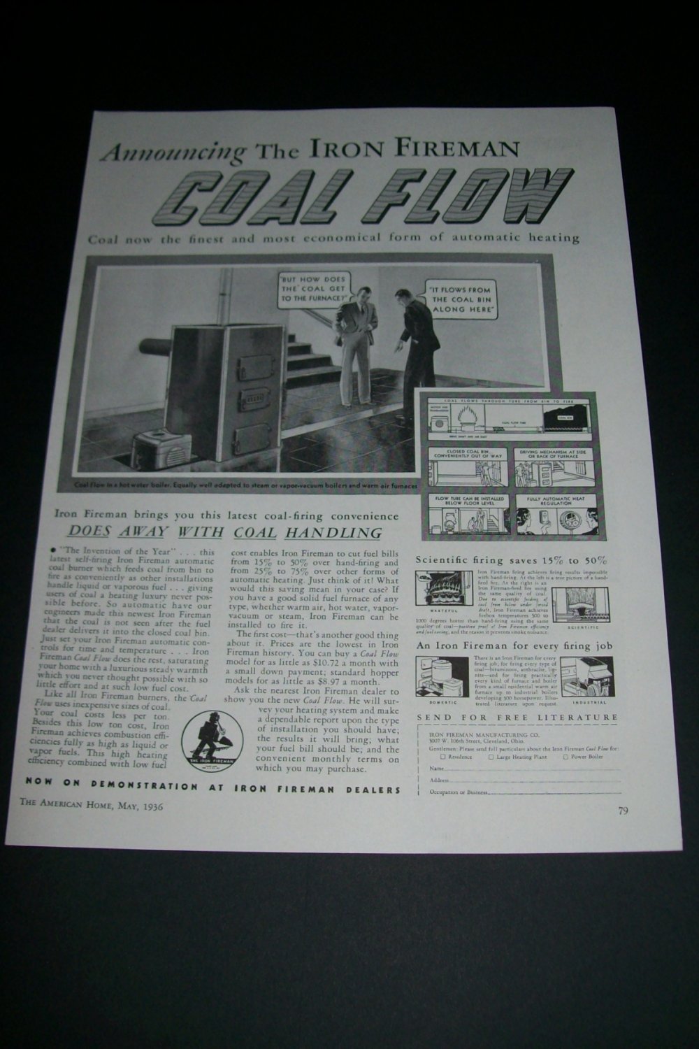 Vintage 1936 Iron Fireman Coal Flow Automatic Heating Cleveland OH ...