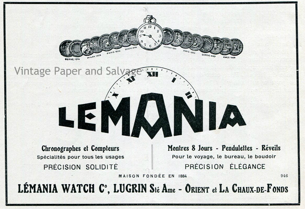 Vintage 1931 Lemania Watch Co Lugrin SA Suisse Publicite Montres Swiss ...