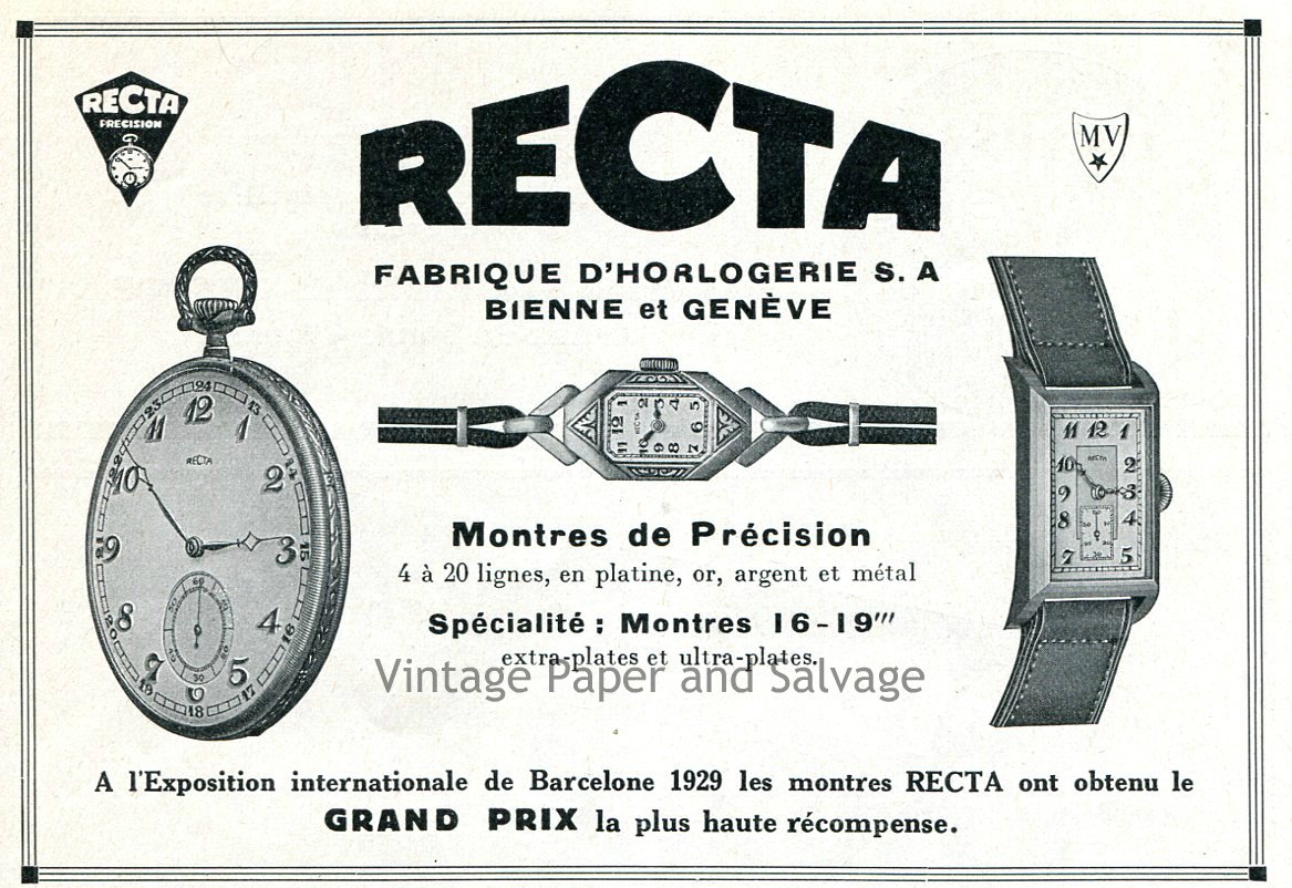 1931 Recta Watch Co Fabrique d'Horlogerie SA Original Swiss Ad ...