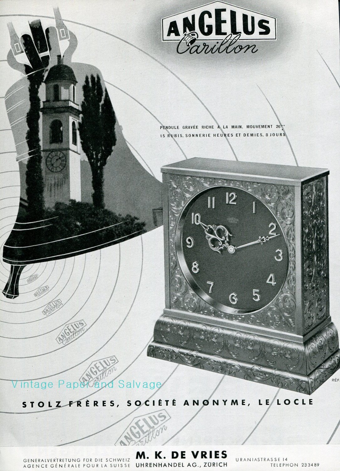 Vintage 1945 Angelus Carillon Clock Advert Publicite Suisse Swiss Ad ...
