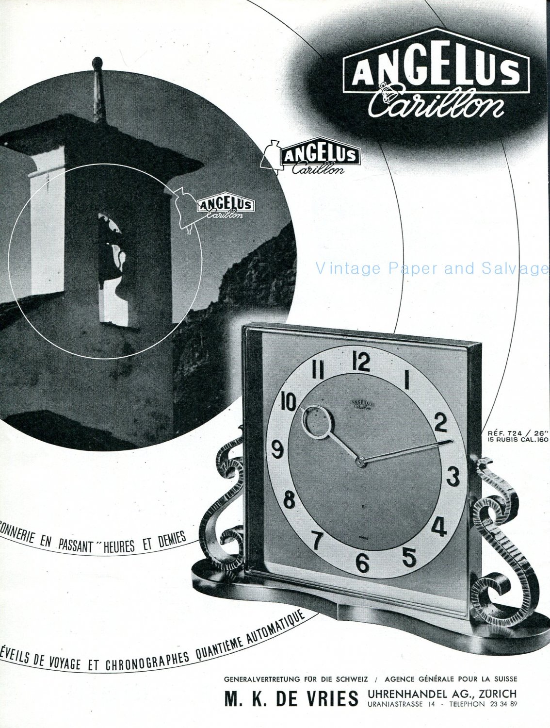 1945 Angelus CH Clock Co Switzerland Swiss Advert Publicite Suisse Schweiz