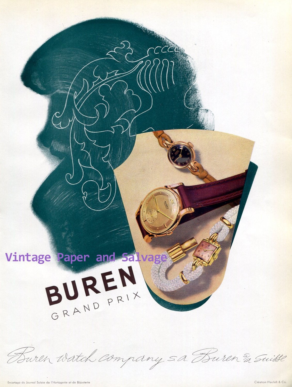 Vintage 1945 Buren Watch Company Switzerland Original 1940s Swiss Print ...