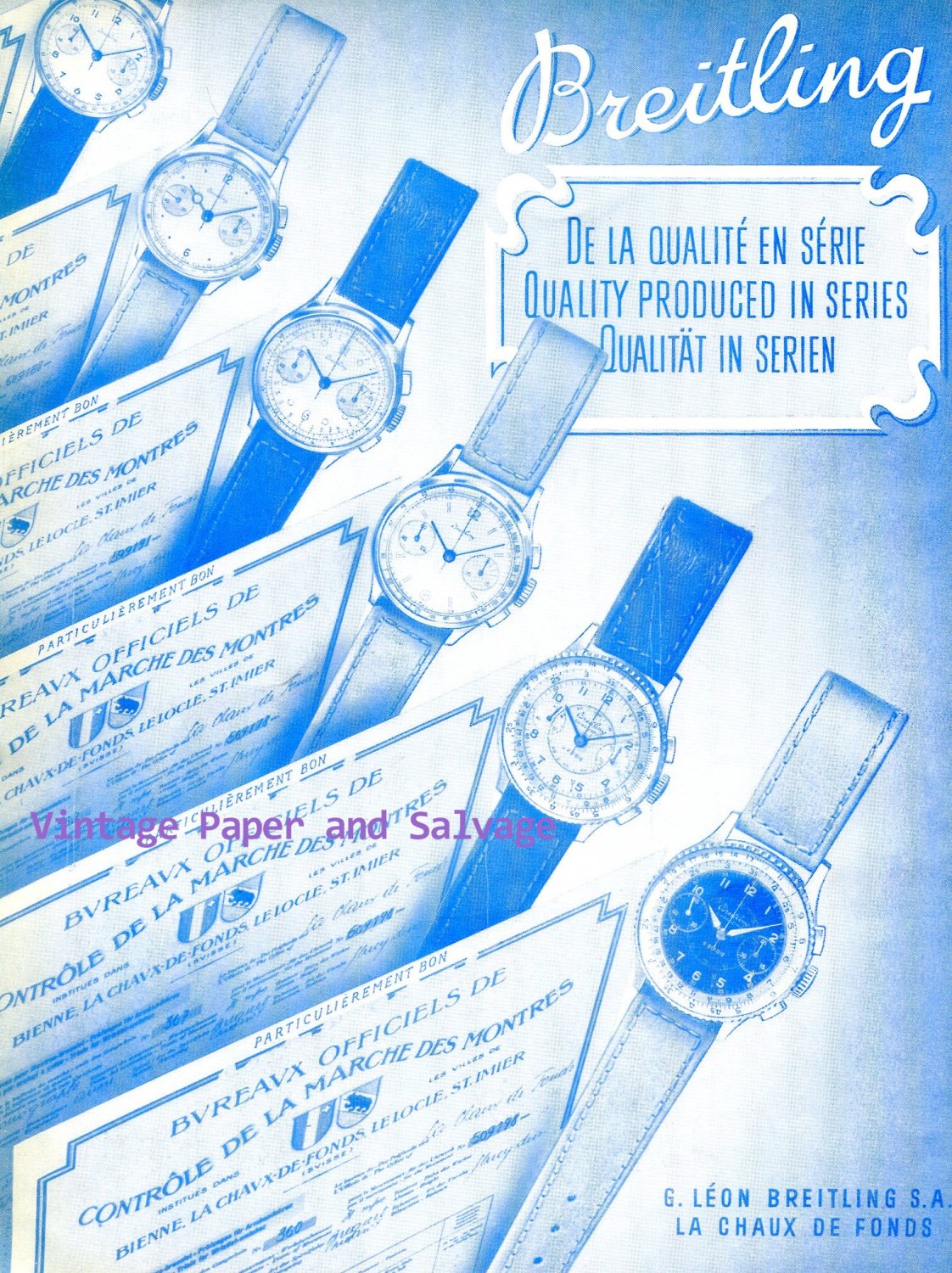 Vintage 1945 G-Leon Breitling SA Watch Company Original 1940s Swiss Ad ...