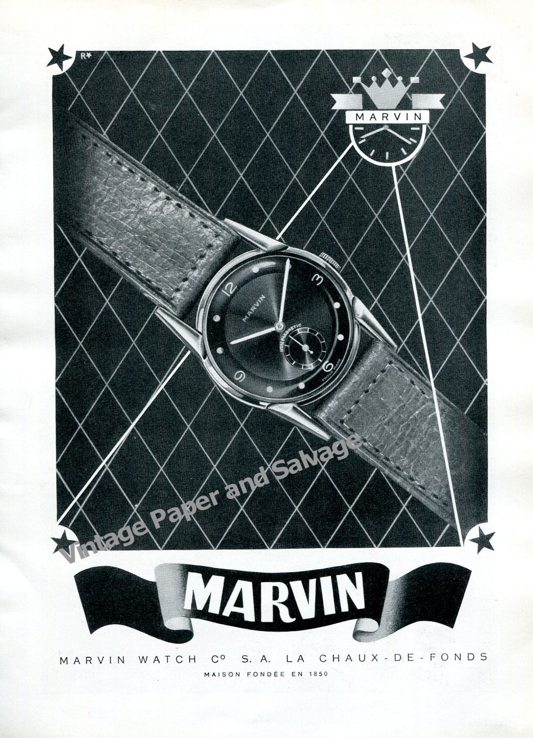 Vintage 1943 Marvin Watch Co SA Switzerland 1940s Swiss Ad Advert ...
