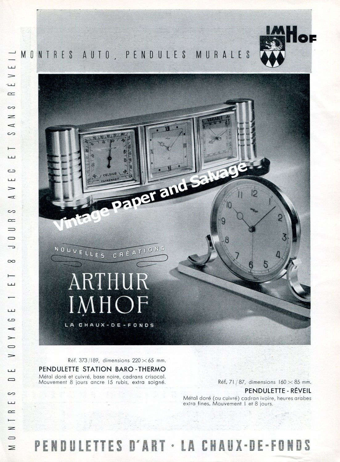 Vintage 1942 Arthur Imhof Clock Company Switzerland 1940s Swiss Print ...