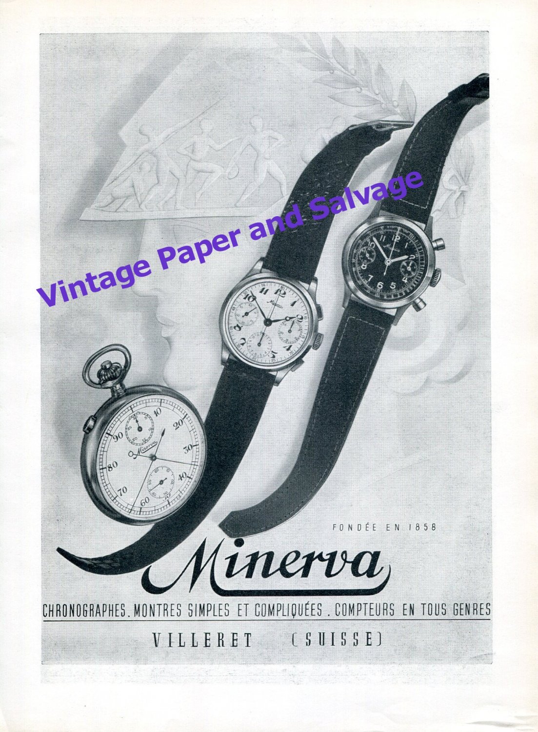 Vintage 1942 Minerva Watch Company Villeret Switzerland Original 1940s ...