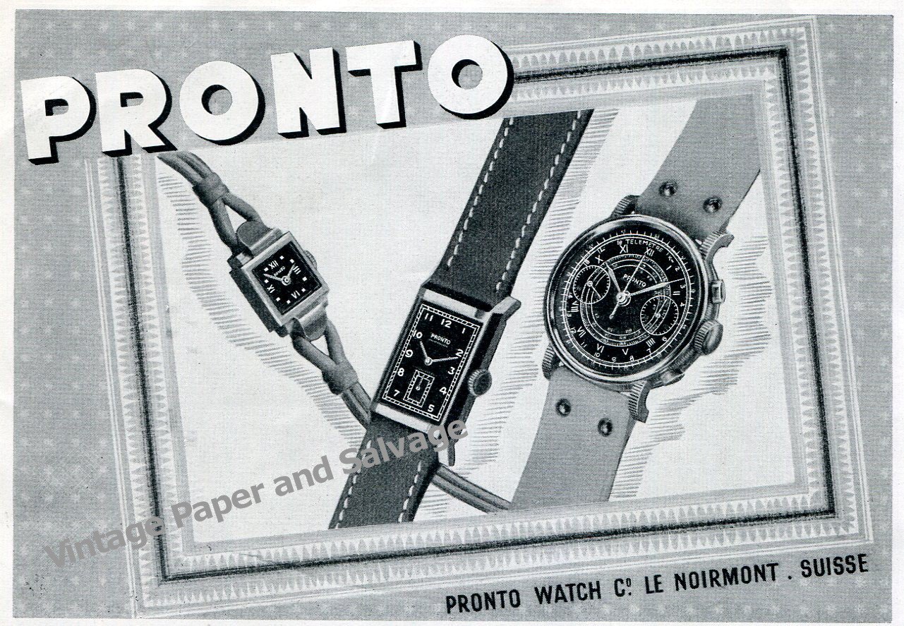 1943 Pronto Watch Company Switzerland Vintage 1940s Swiss Print Ad ...