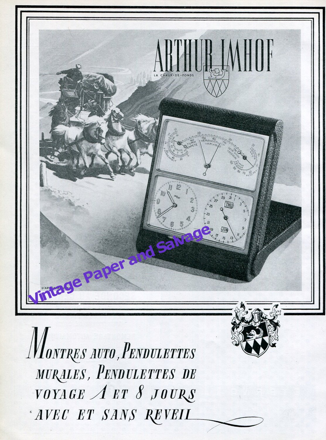 1945 Imhof Clock Company Switzerland Vintage 1940s Swiss Ad Suisse ...