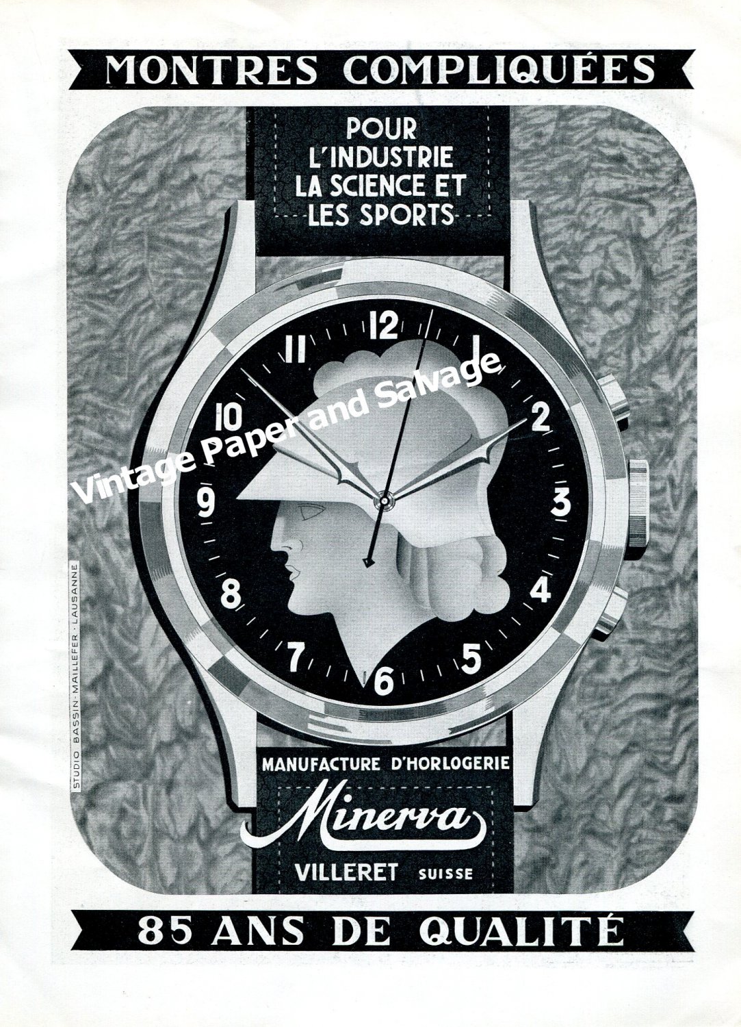Vintage 1943 Minerva Watch Company 85 Years of Quality 1940s Swiss ...