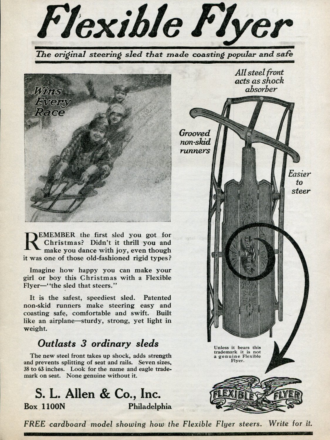 Vintage 1920 Flexible Flyer Sled Print Ad Christmas SL Allen & Co ...