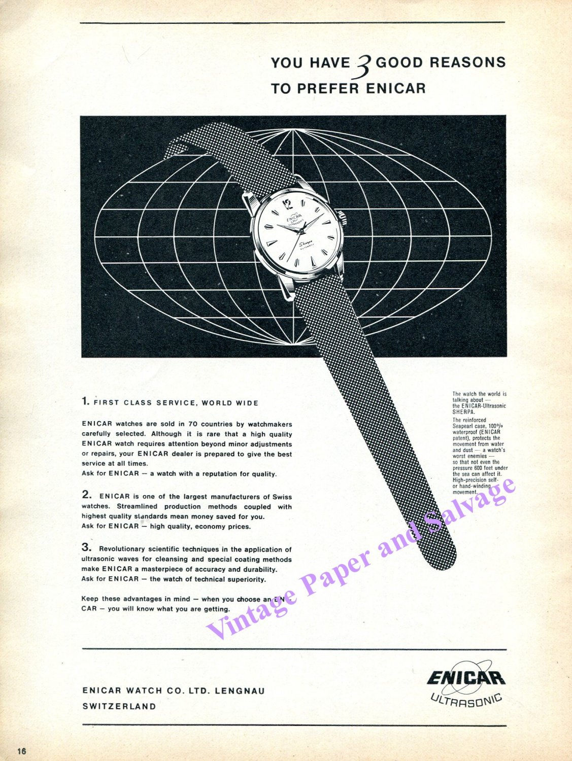 Vintage 1960 Enicar Ultrasonic Sherpa Watch Advert 3 Good Reasons Swiss ...