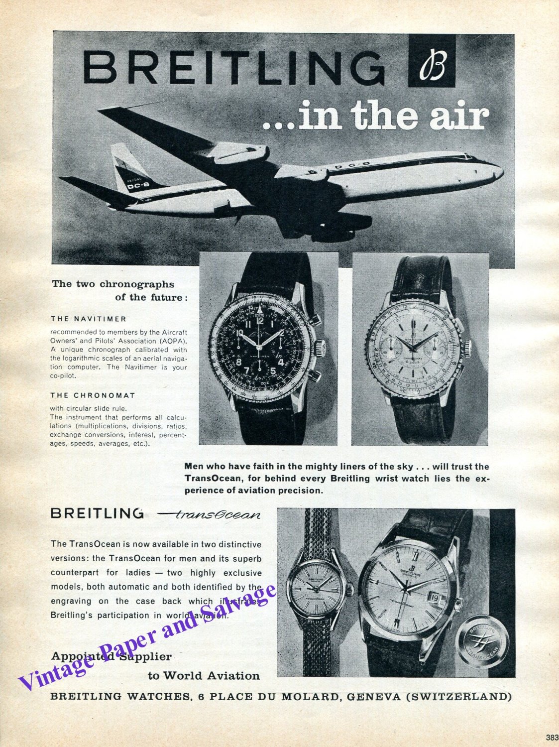 Vintage 1960 Breitling TransOcean Navitimer Chronomat Watch Advert ...