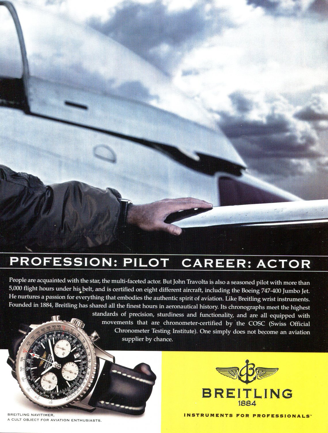 Breitling Navitimer Watch Ad John Travolta Aviation Pilot 2001 Magazine ...