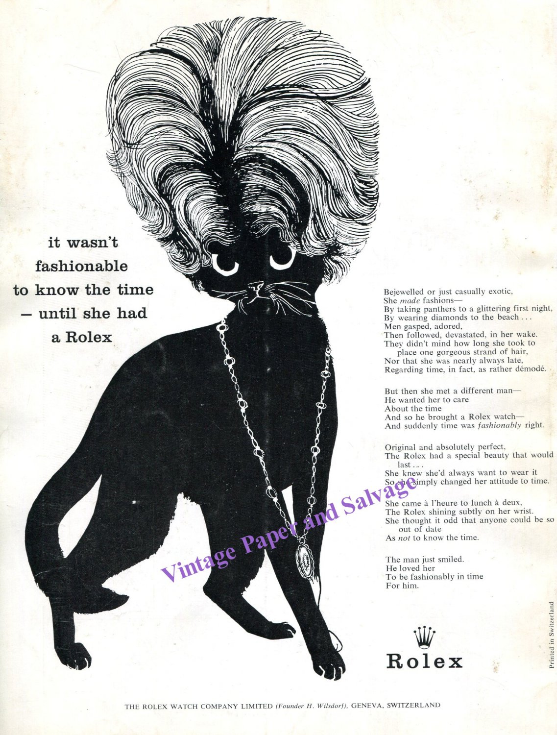 1960 Rolex Watch Company Chic Cat Fashionably In Time Swiss Print Ad Suisse