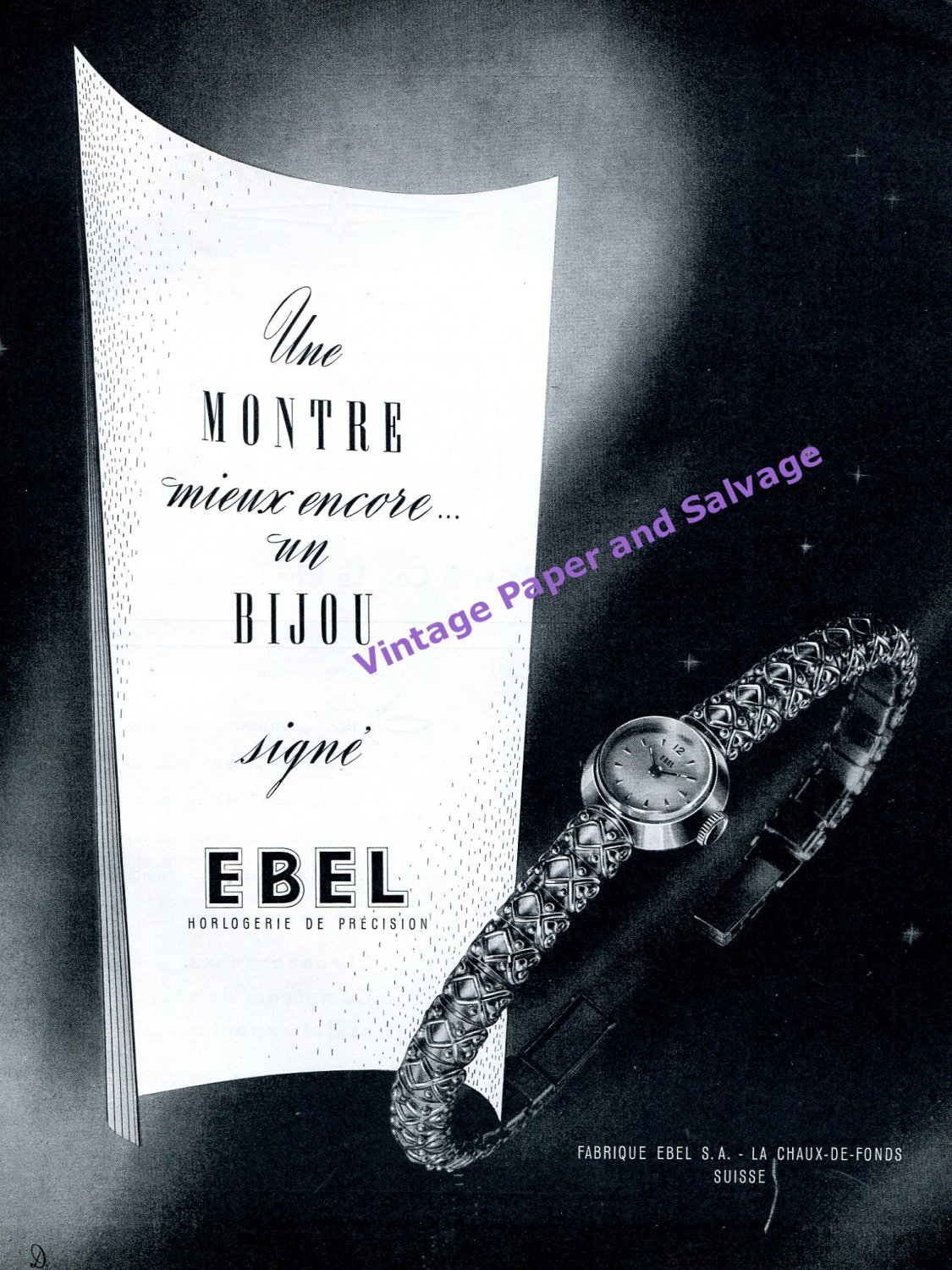 1951 Ebel Watch Company Fabrique Ebel SA Switzerland Vintage Swiss Print Ad