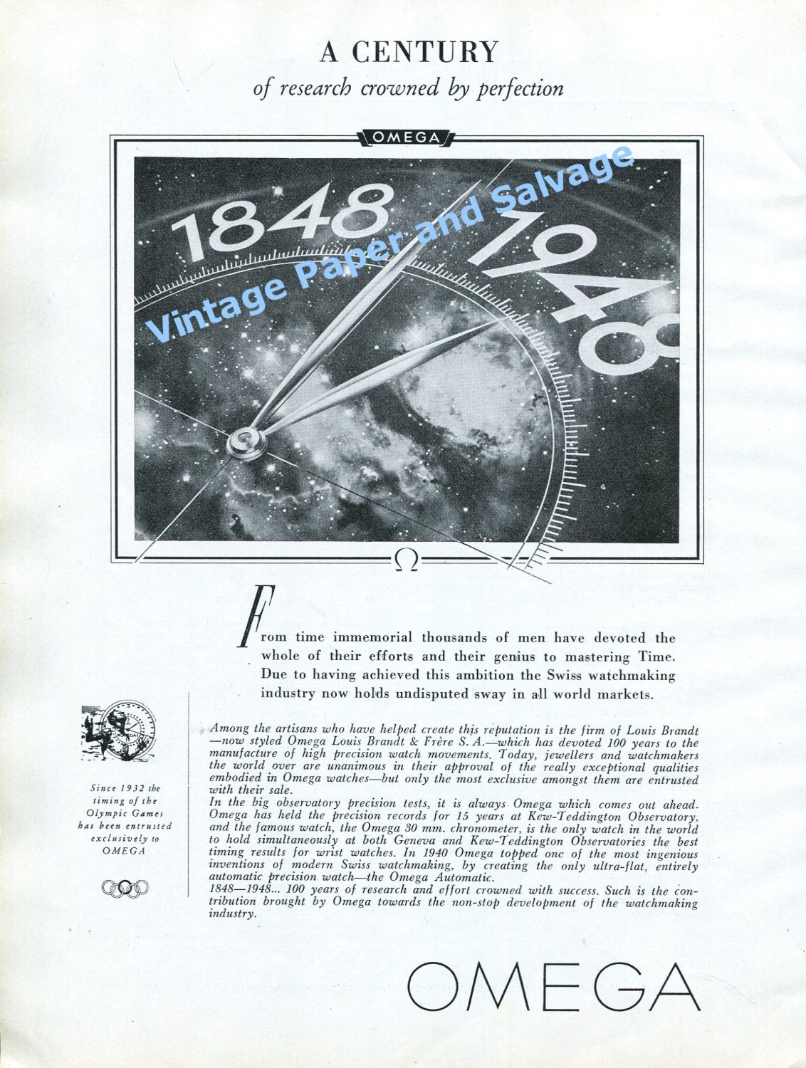 1948 Omega A Century Crowned By Perfection Vintage Swiss Print Ad Omega ...