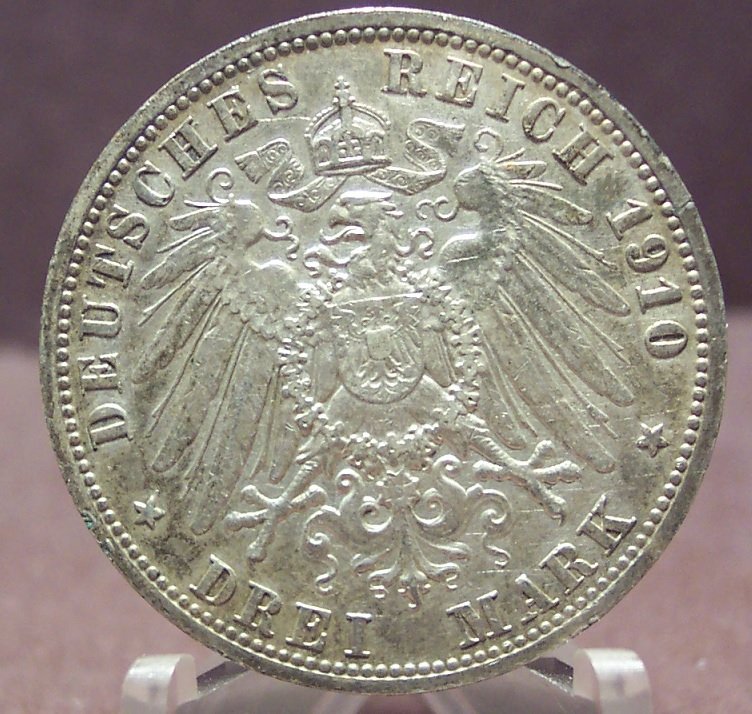 KM#527 1910-A Prussian Three Mark Silver Coin UNC #0130