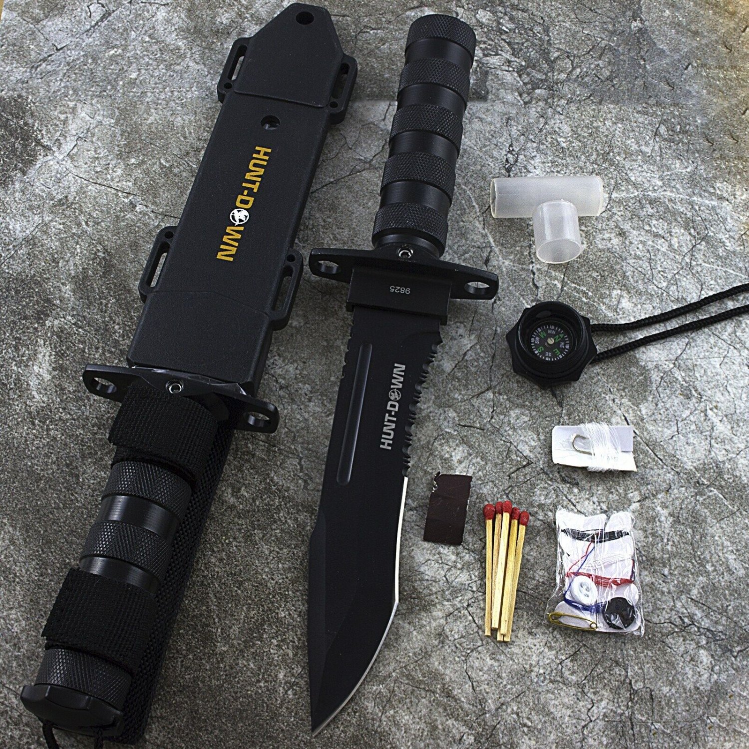 12" HUNTING KNIFE w/ TACTICAL SURVIVAL KIT Bowie Fixed Blade Drop Point ...