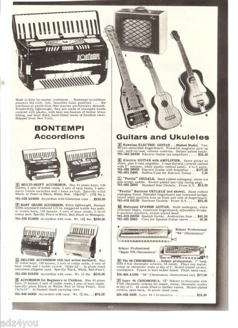 50s Vintage Musical Instruments Ad Page~Accordions,Guitars,Ukuleles ...