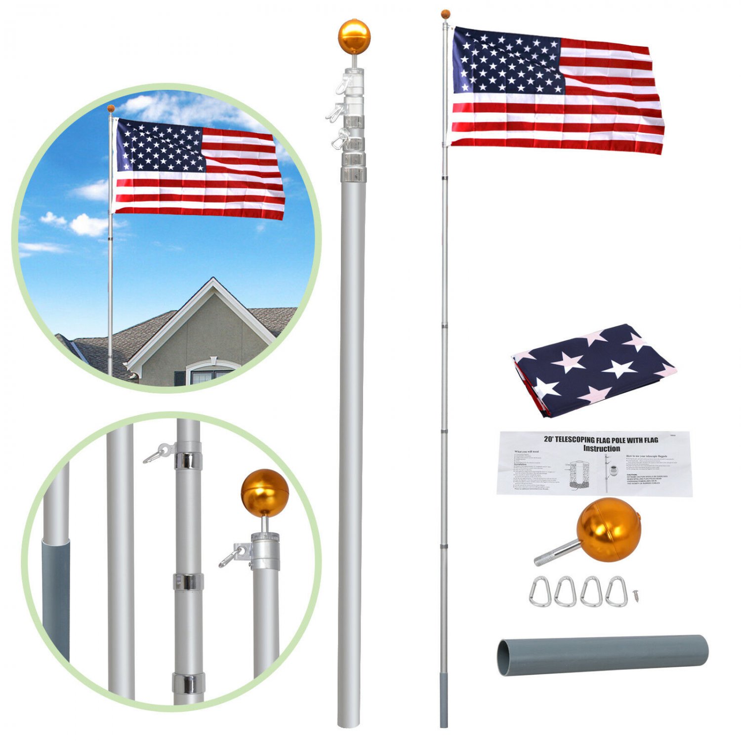 20Ft Aluminum Telescopic Flagpole Kit Telescoping W/ 3x5' U.S American ...