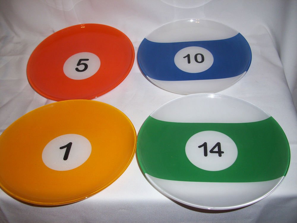 4 Glass Billiard Ball Salad plates Pool Table plates Lunch Dessert ...