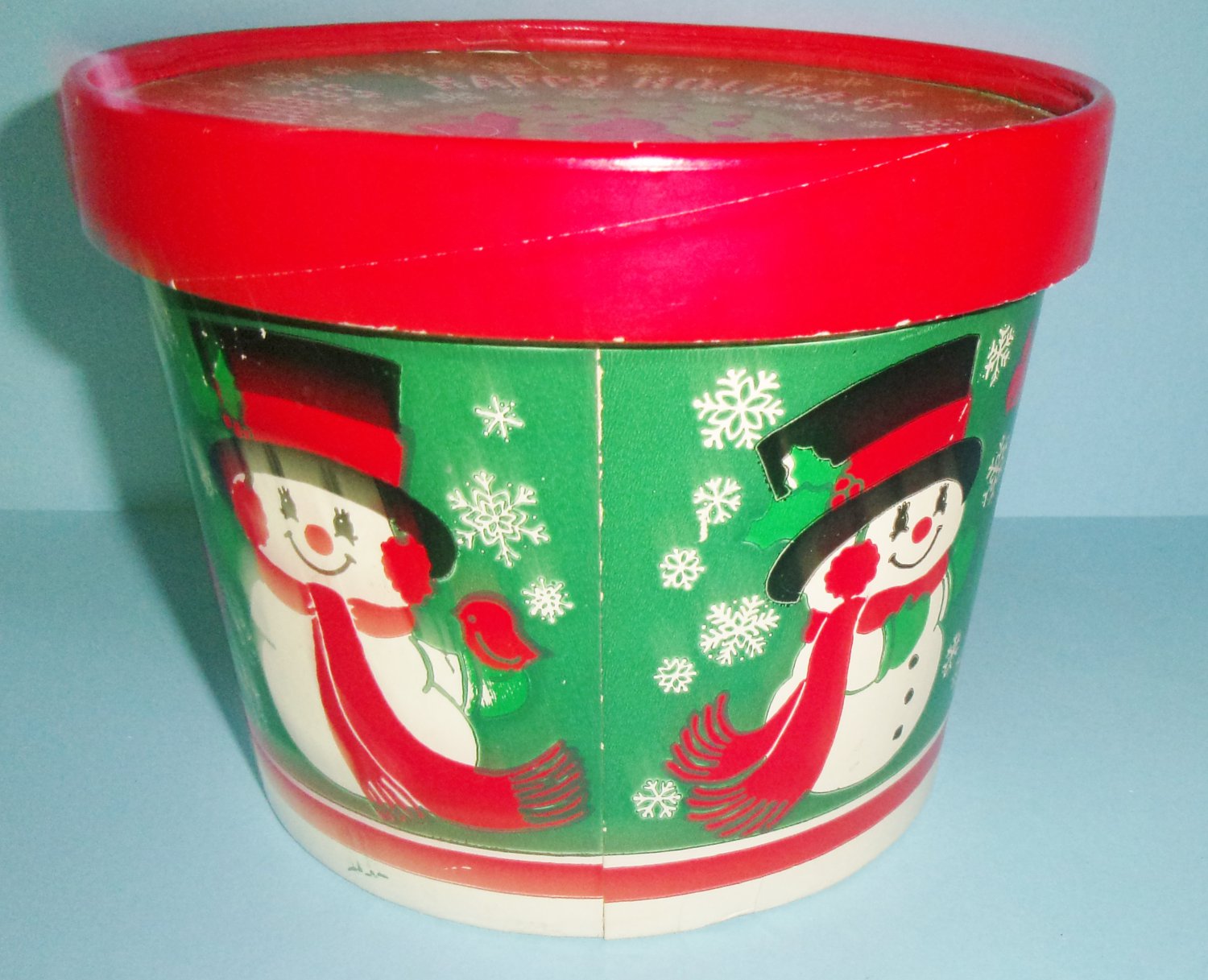 Hallmark Cardboard Happy Holidays Snowmen Container Tub W Lid Vintage