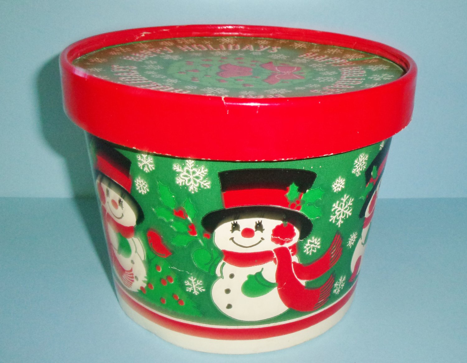 Hallmark Cardboard Happy Holidays Snowmen Container Tub W Lid Vintage