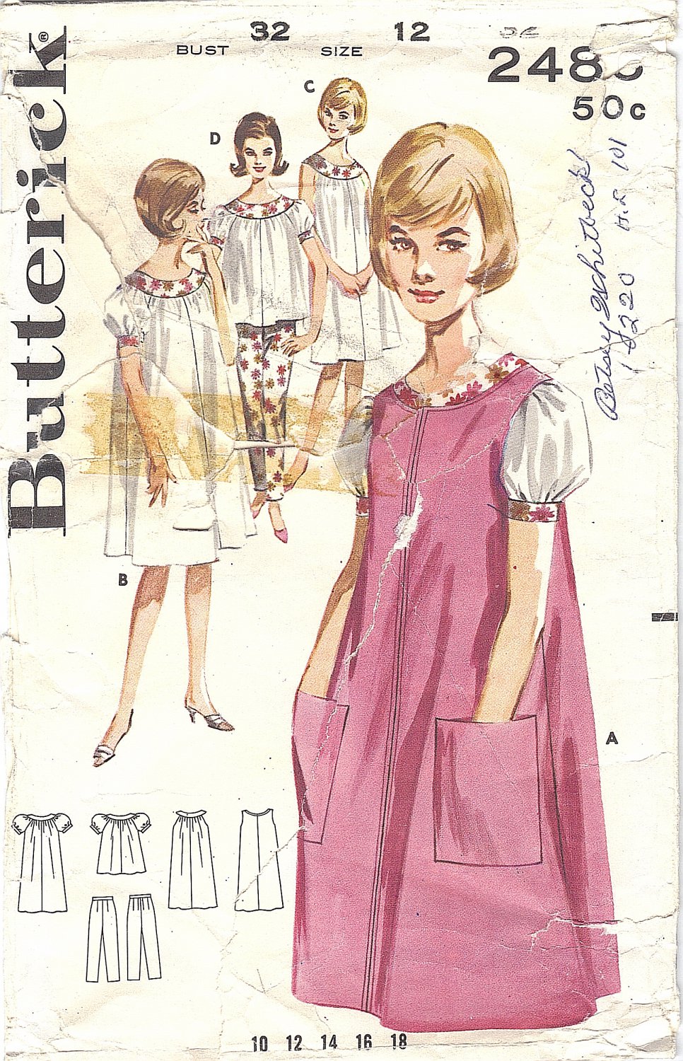Butterick 2486 Misses 1950s Nightgowns And Pajamas Bust 32 Vintage Pattern