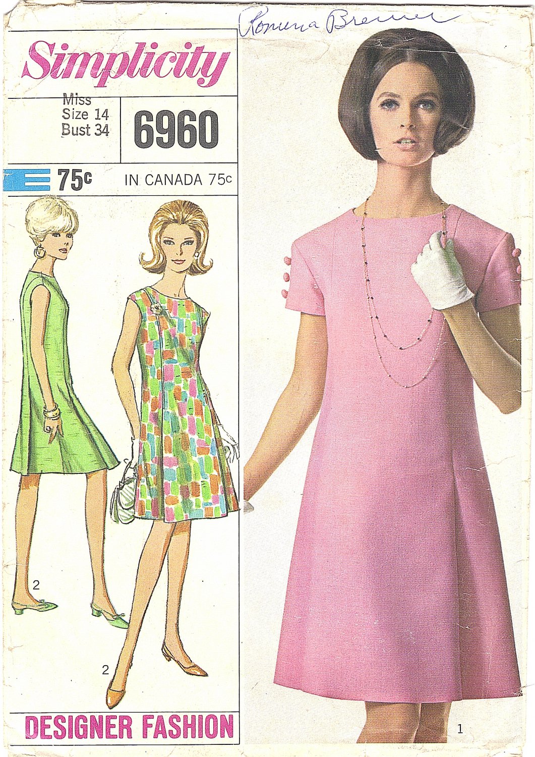 Simplicity #6960 Misses 1960s Designer Princess Line Dress w/ Pleated ...
