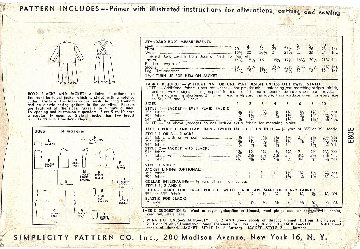 Simplicity #3083 Boys 1940s Jacket & Pant w/ Suspender Option Size 8 ...