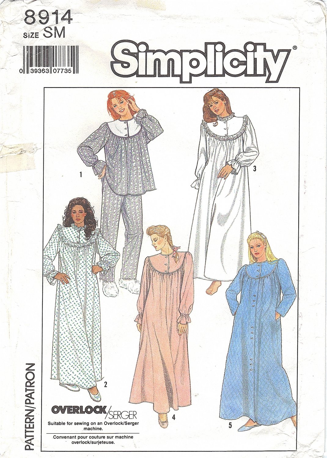 Simplicity #8914 Misses 80s Pajamas / Nightgown / Robe in 5 Views Bust ...