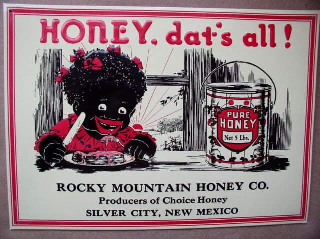 OLD BLACK AMERICANA TIN Advertising SIGN HONEY DATS ALL ROCKY MOUNTAIN ...