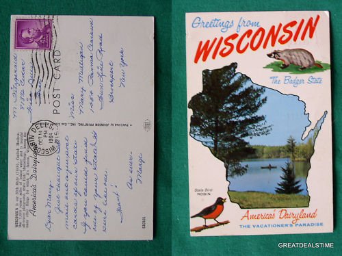 GREETINGS FROM WISCONSIN BADGER STATE VINTAGE POSTCARD