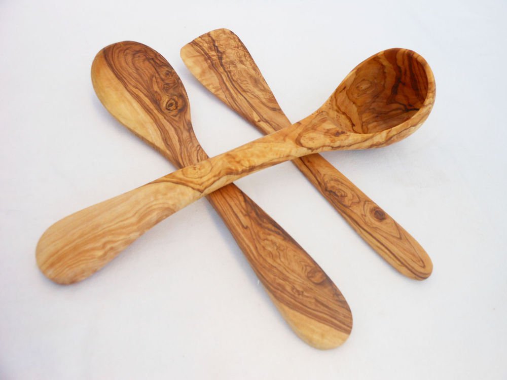 Set of 3 Handmade Olive Wood Small Utensils : 1 Spatula, 1 Ladle, 1 Spoon