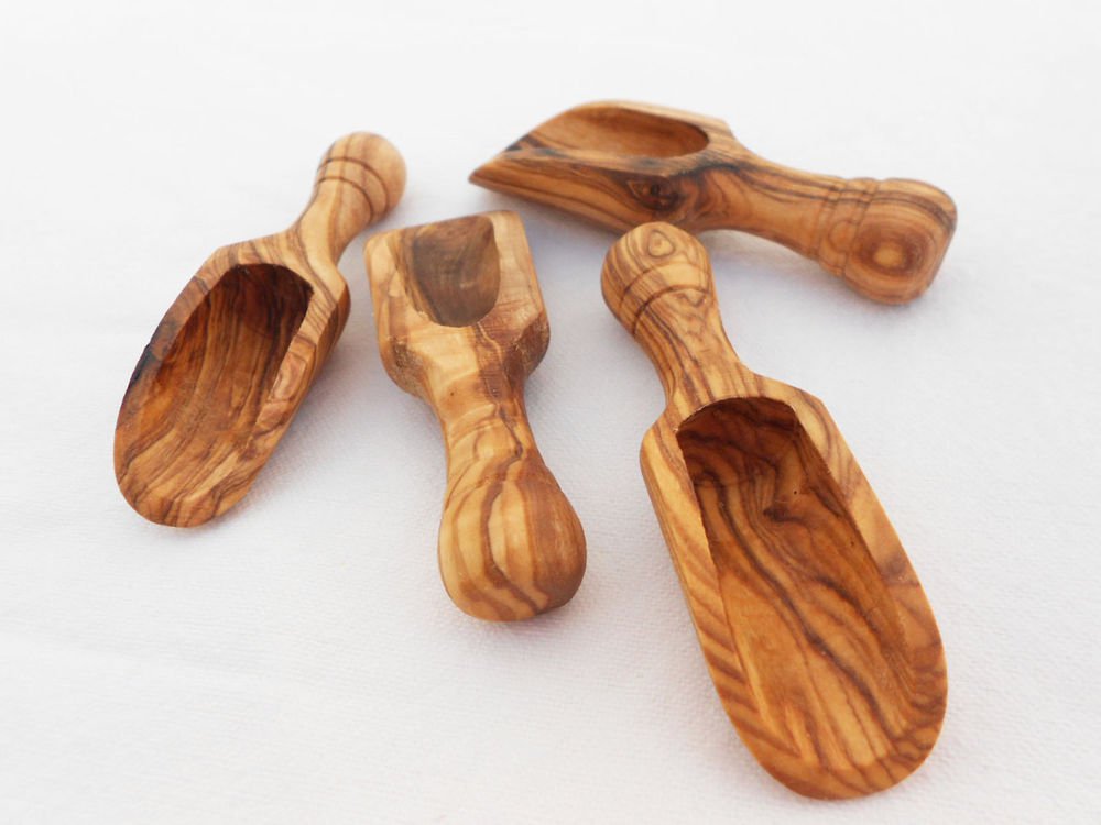 Handmade Olive Wood Small Salt Scoop Set of 4, Wooden Measuring Coffee ...
