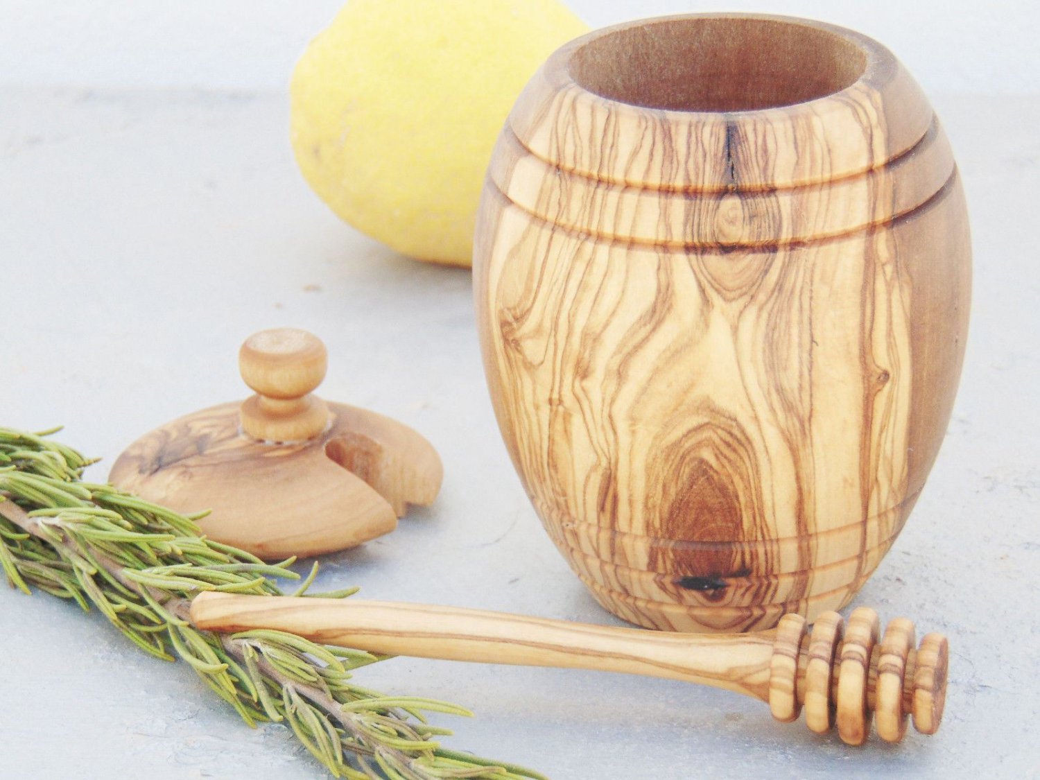 Rustic & Unique Olive Wood Honey Pot Jar with Honey Dipper Spoon ...