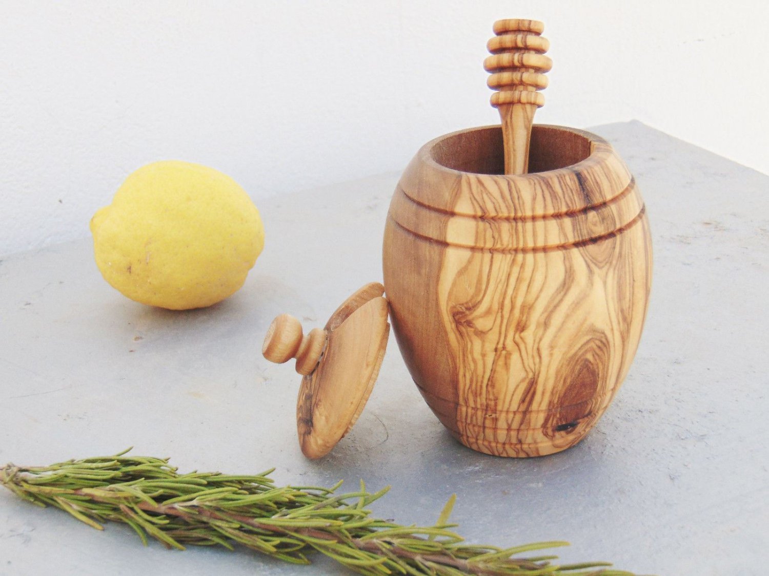Rustic & Unique Olive Wood Honey Pot Jar with Honey Dipper Spoon ...