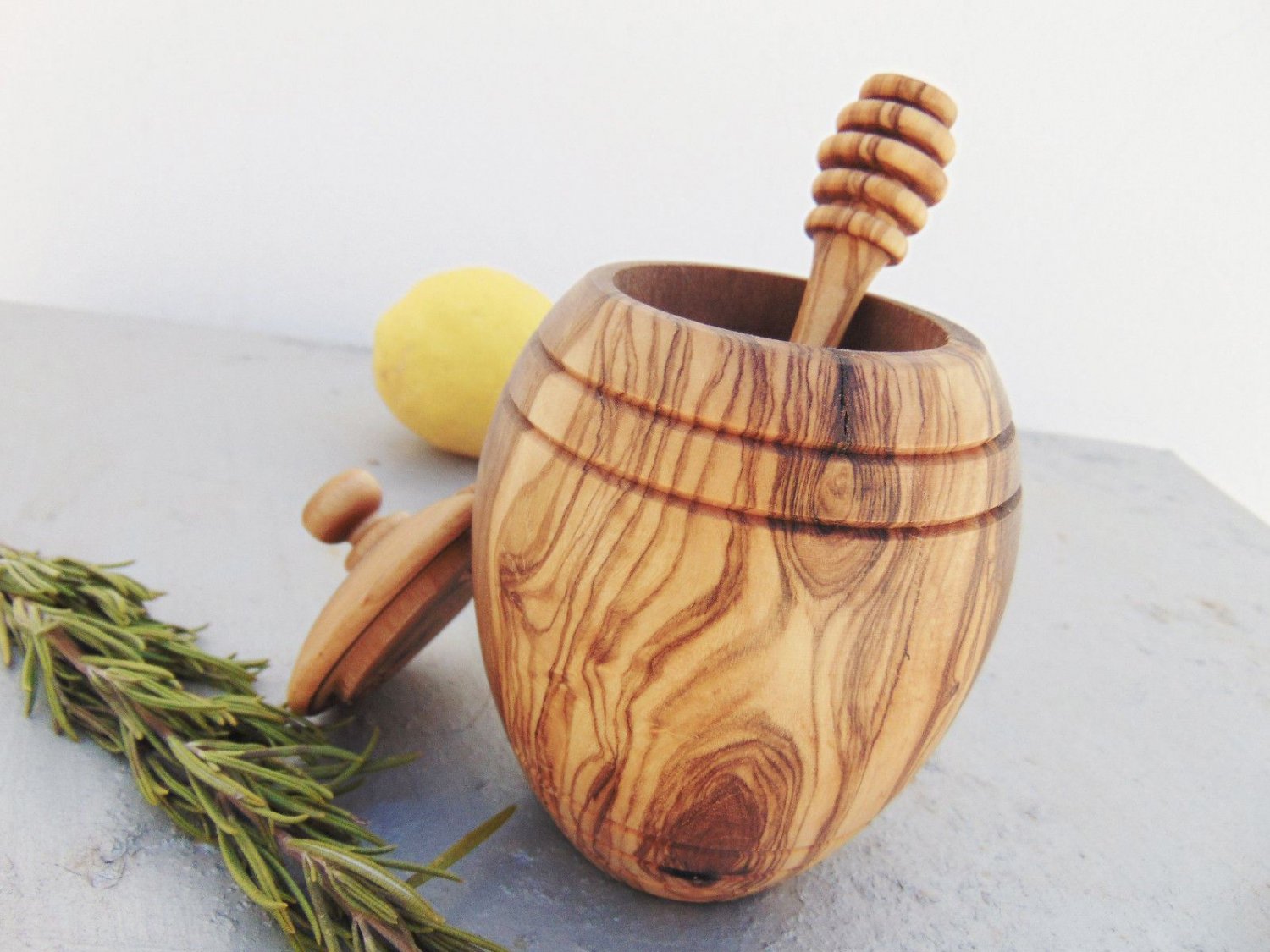 Rustic & Unique Olive Wood Honey Pot Jar with Honey Dipper Spoon ...