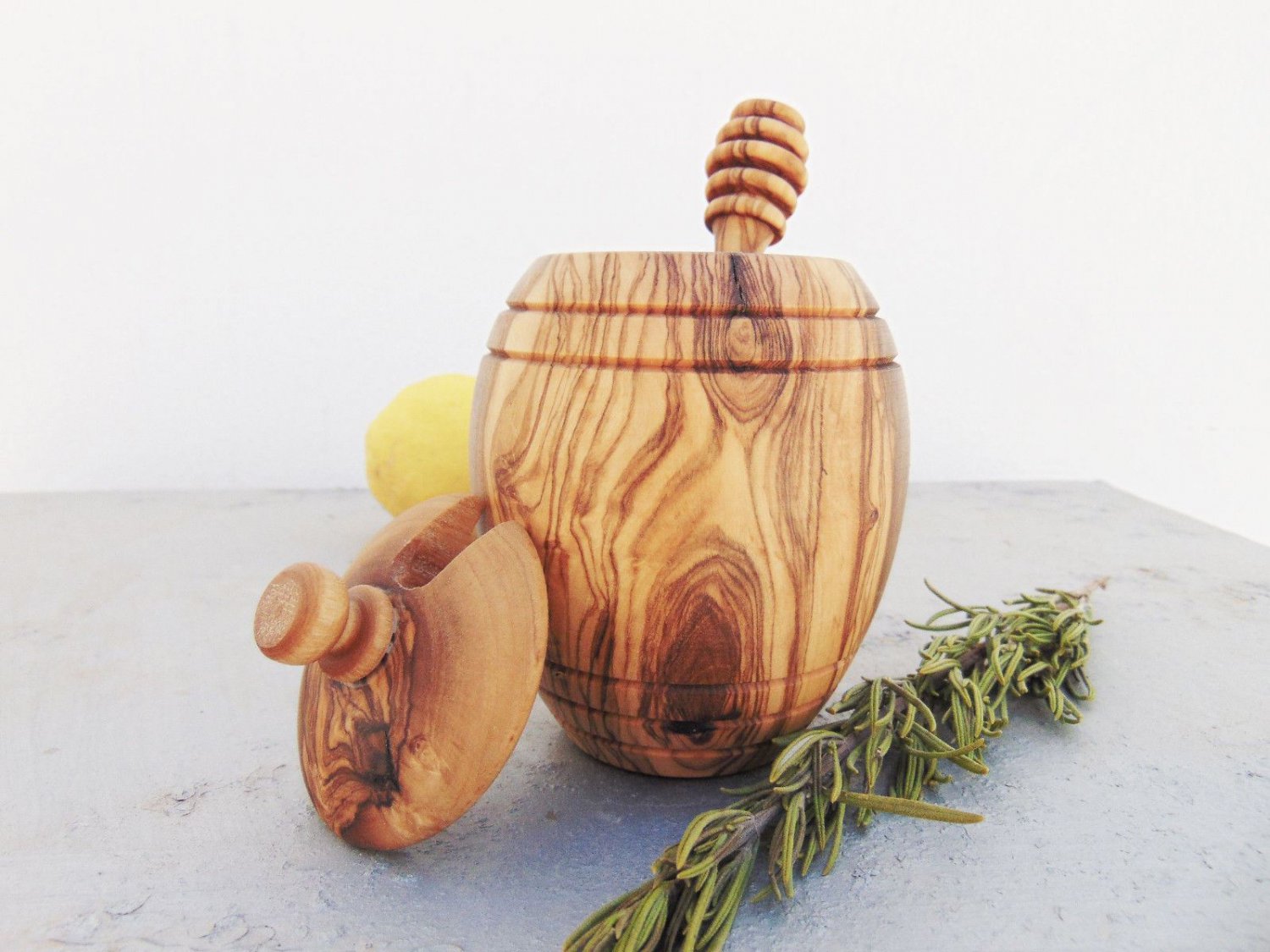 Rustic & Unique Olive Wood Honey Pot Jar with Honey Dipper Spoon ...