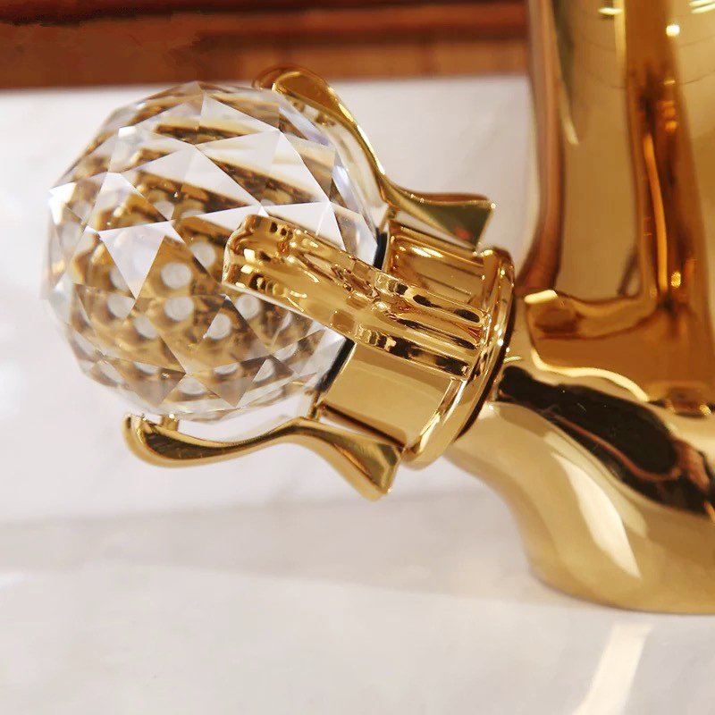 Golden PVD Two crystal Handles Centerset single hole Bathroom Sink ...