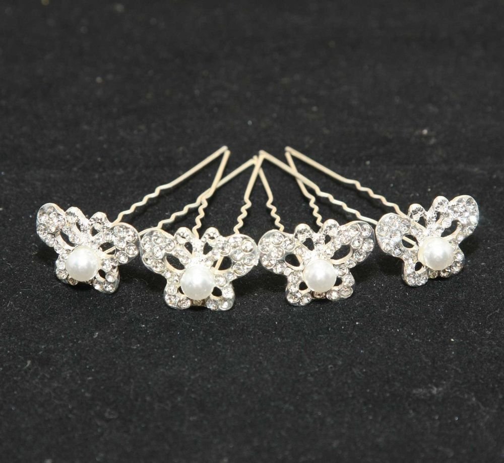 LOT OF 4 BRIDAL WEDDING RHINESTONE CRYSTAL BUTTERFLY PIN HAIR STICKS