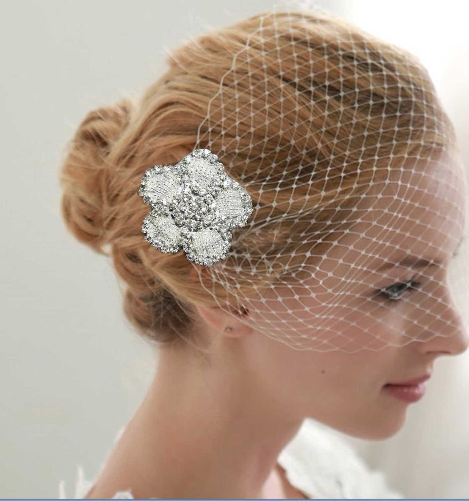 HANDMADE WEDDING BRIDCAGE NET VEIL COVER FACE RHINESTONE FLOWER MASK & CLIP
