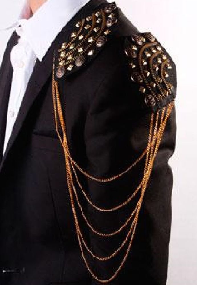 Punk Style Wedding Groom Men Epaulets Gold Dangle Chain Badge Brooch Pin