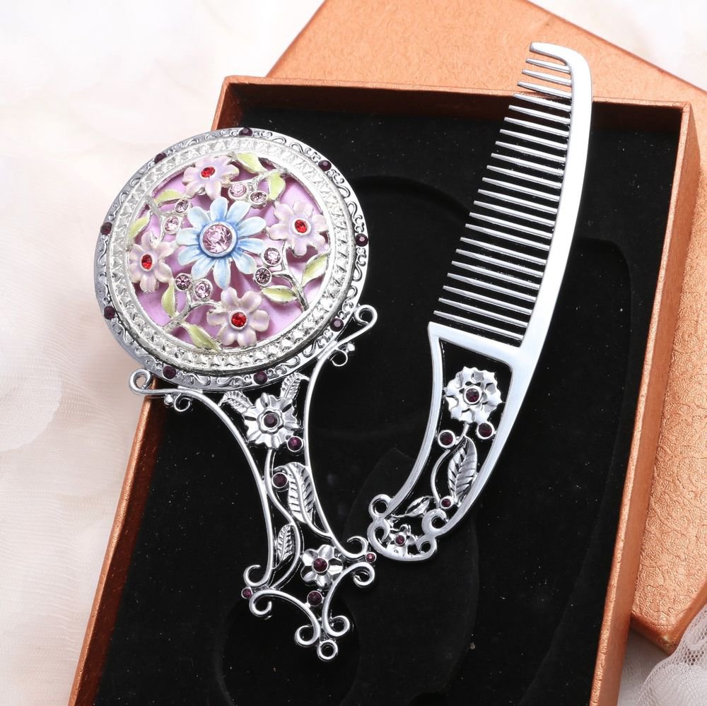 Blue Flower Pink Enamel Rhinestone Crystal Silver Tone Mirror Hand Comb ...