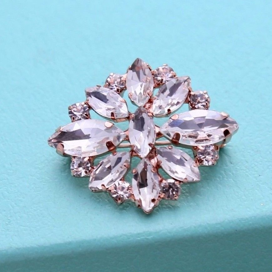 Vintage Style Rhinestone Crystal Rhombus Prom Wedding Rose Gold Brooch Pin