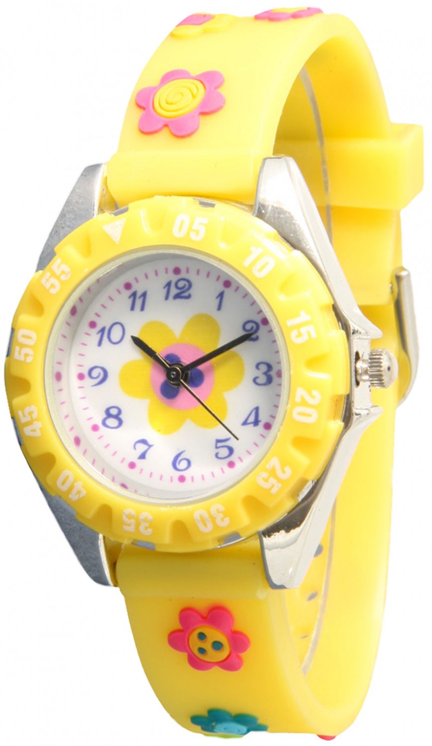 Little Girls Kids' Watch! Multi Colored Flower Print! Yellow! Ages 3-12!