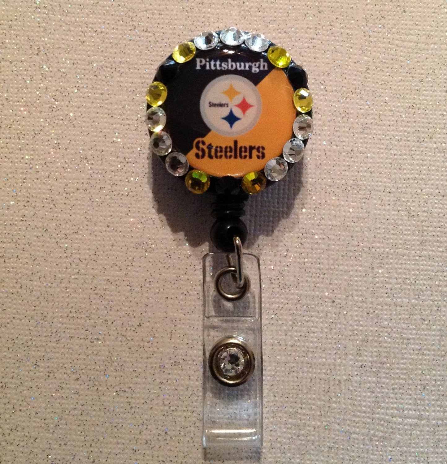 Nfl Pittsburgh Steelers Badge Id Reel Swarovski Crystals alligator clip ...